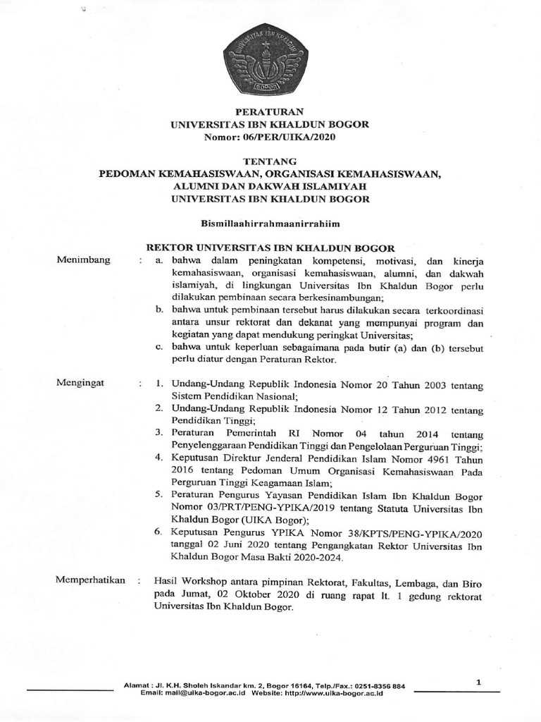 06.PER - UIKA.2020Pedoman Kemahasiswaan, Organisasi Kemahasiswaan-Cap | PDF