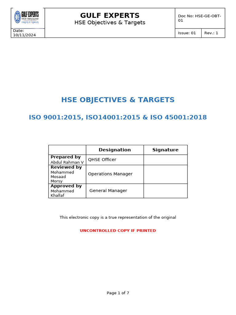 HSE-GE-OBT-01 HSE Objectives and Targets | PDF | Regulatory Compliance | Safety