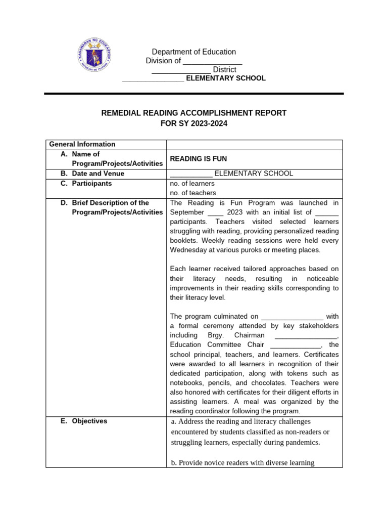 Remedial Reading Accomplishment Report | PDF | Literacy | Teachers