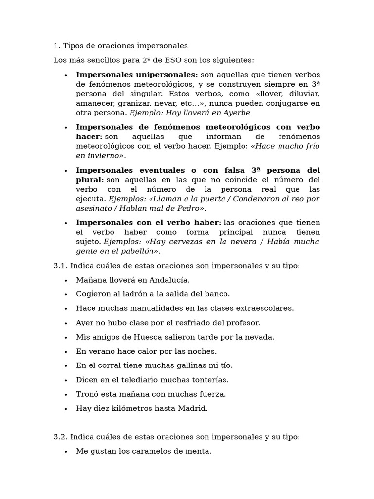 Tipos de oraciones impersonales en español | PDF