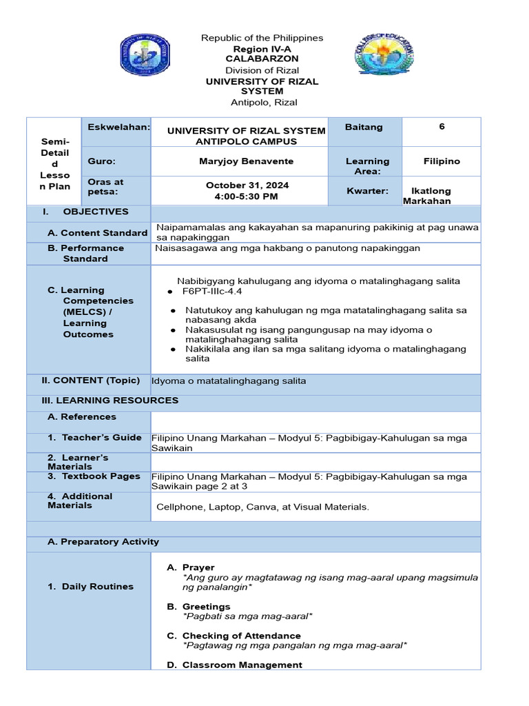 Ikalawang Banghay Sa Filipino-5 | PDF