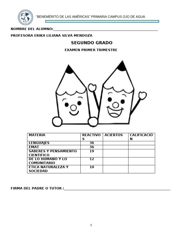 Examen Primer Trimestre Segundo Primaria | PDF