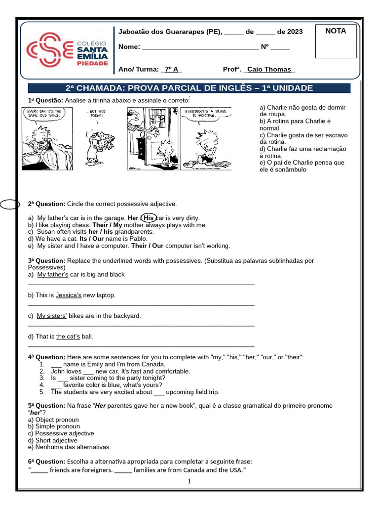 2 CHAMADA Ingles 7° P.P - Caio Thomas | PDF | Linguistic Morphology | Semantics
