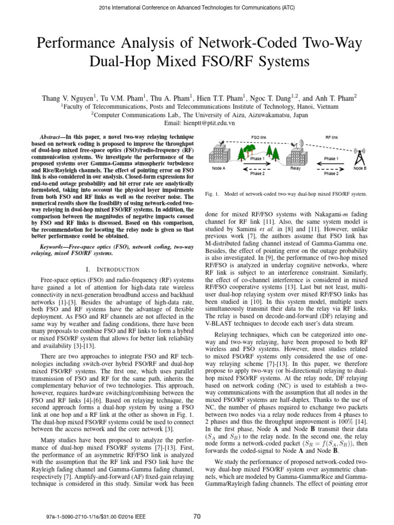 Performance Analysis Of Network Coded Two Way Dual Hop Mixed Fso Rf Systems Pdf