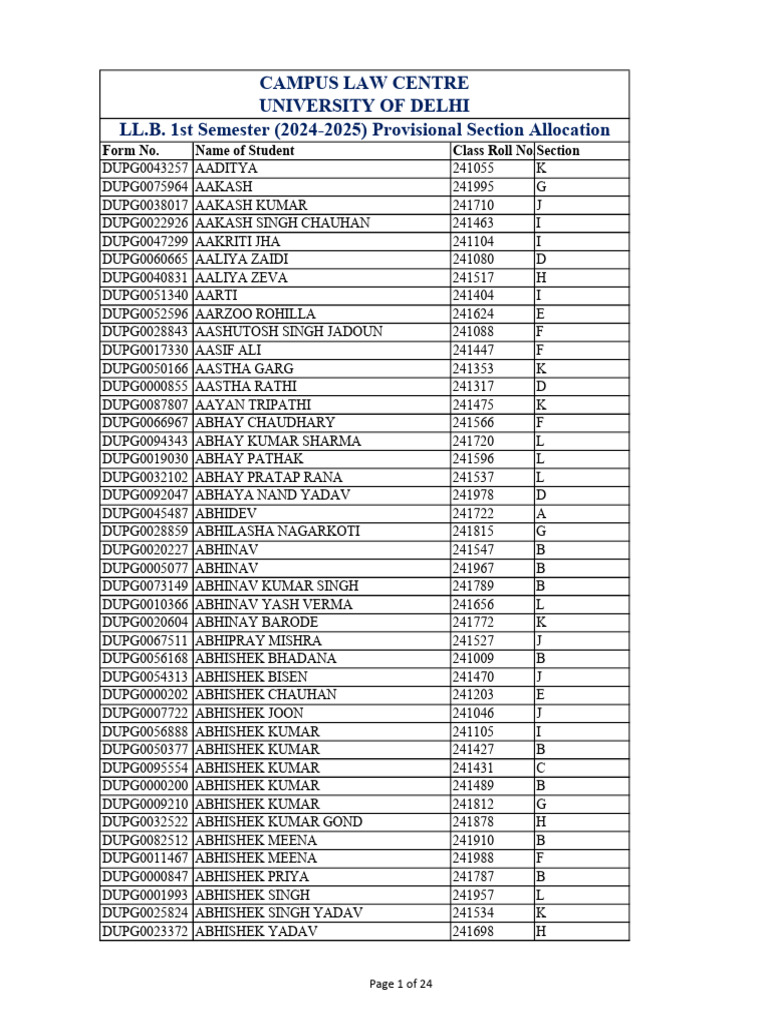 LL.B. 1st Semester Section Allocation | PDF | Delhi | Legal Education
