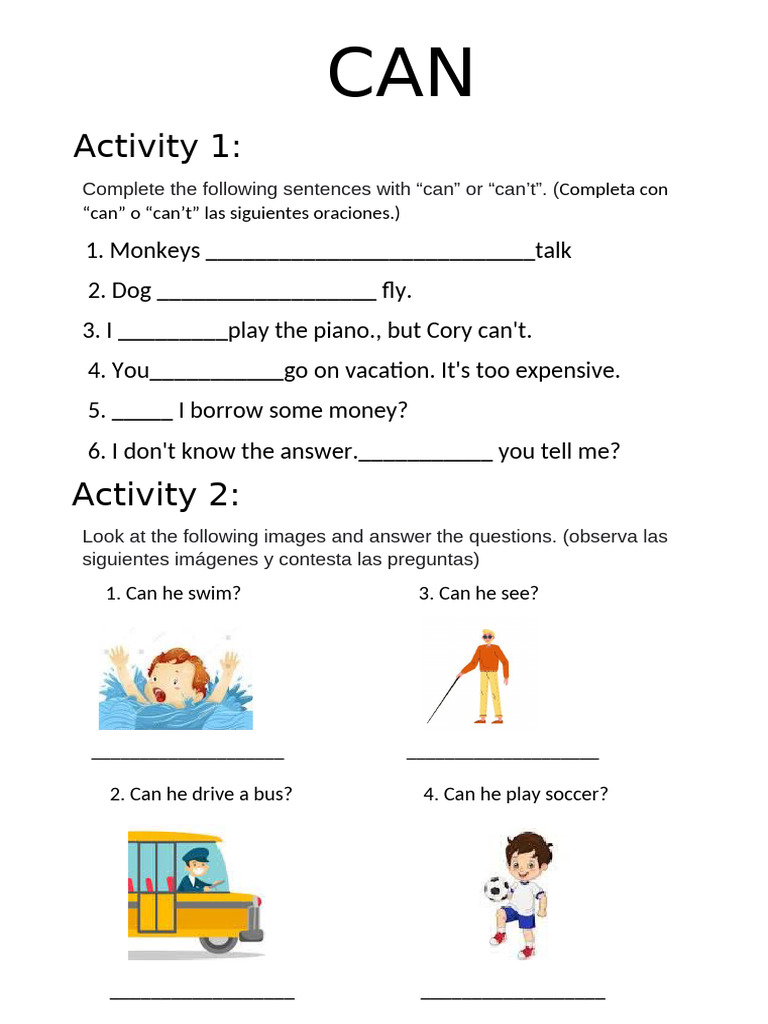 Activity 1:: Completa Con "Can" o "Can't" Las Siguientes Oraciones ...