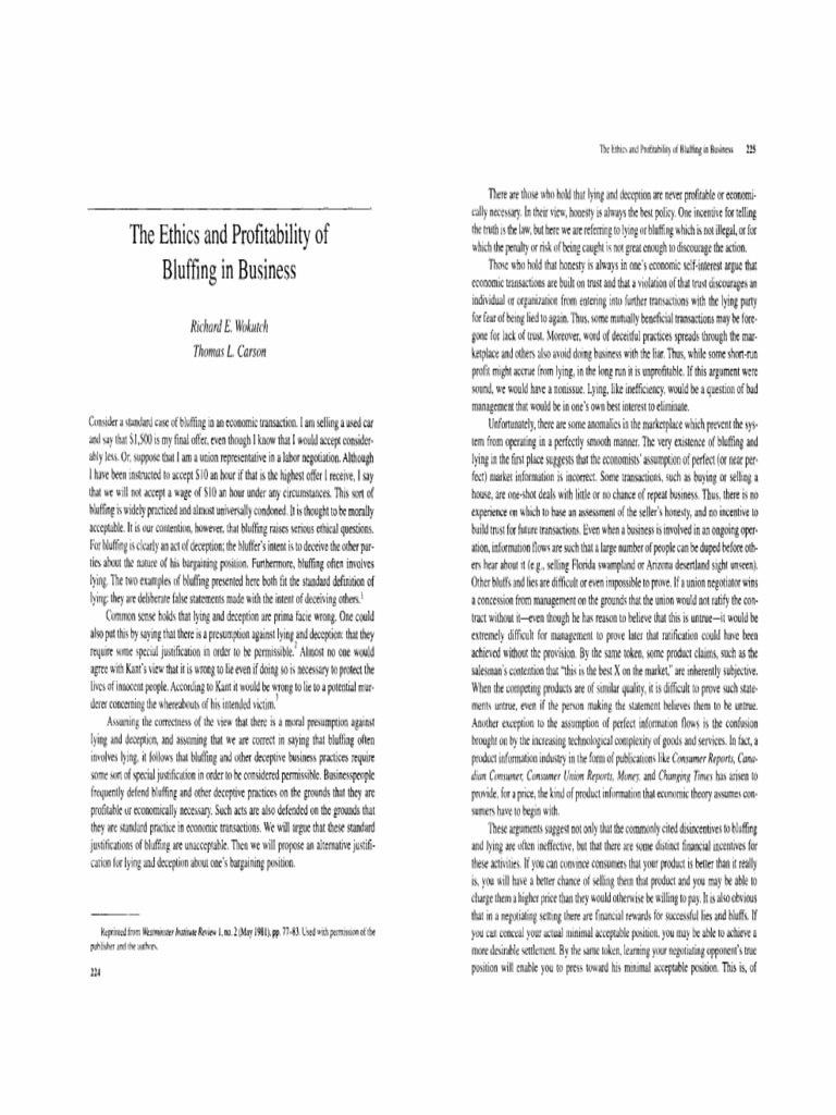 Business Bluffing: Ethics vs. Profit | PDF | Deception