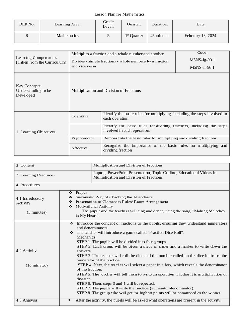 Pinakafinal Tmath Lesson Plan 1 | PDF | Division (Mathematics) | Numbers
