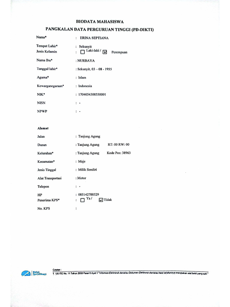 Biodata Mahasiswa Erina | PDF