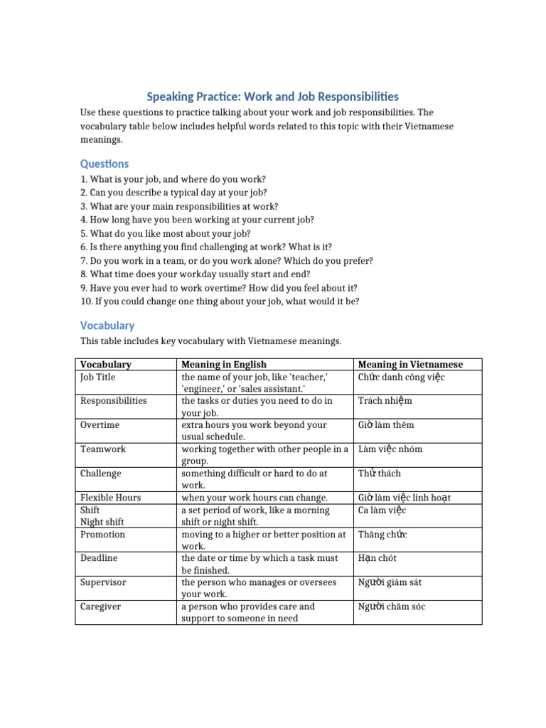 Speaking Practice: Work Responsibilities | PDF | Human Communication ...