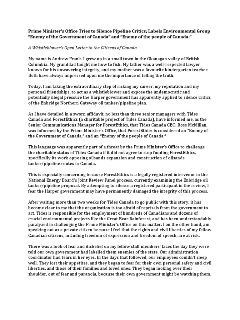 Whistleblower's Open Letter To Canadians | PDF | Canada | Public Sphere