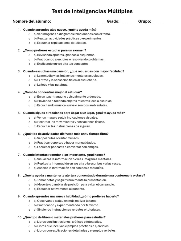 Test de Inteligencias Múltiples Alumnos | PDF | Cognición | Ciencia ...