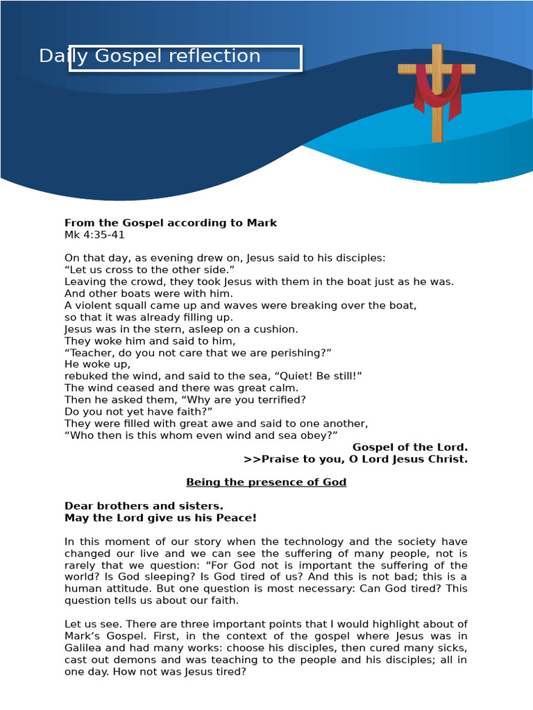 Gospel Reflection: Jesus Calms the Storm | PDF | Jesus | Gospel Of Mark
