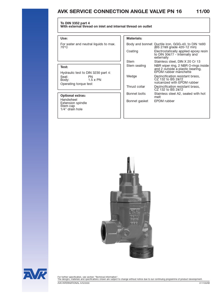 Avk Service Connection Angle Valve PN 16 11/00 | PDF | Valve | Building ...