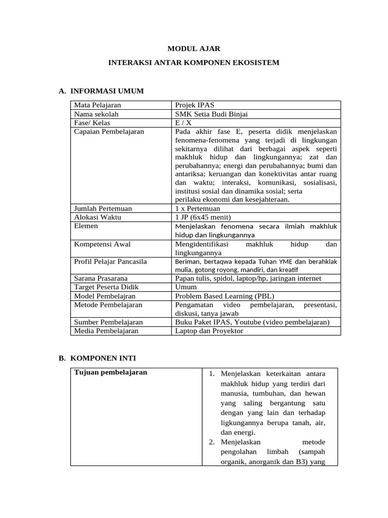 Modul Ajar Interaksi Antar Komponen Ekosistem | PDF