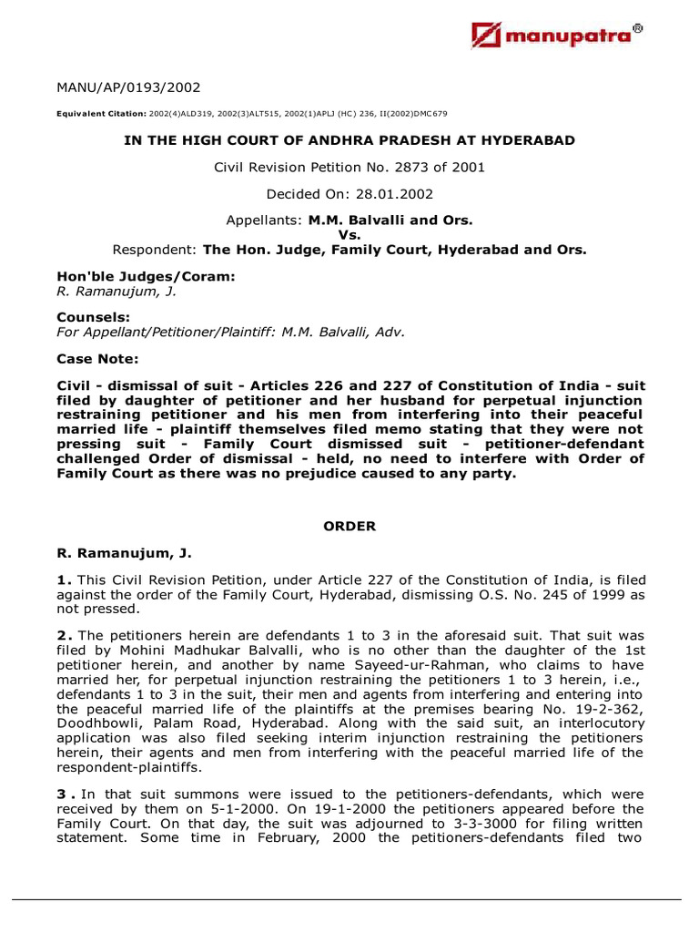 Suit Filed by Daughter of Petitioner and Her Husband For Perpetual Injunction Restraining ...