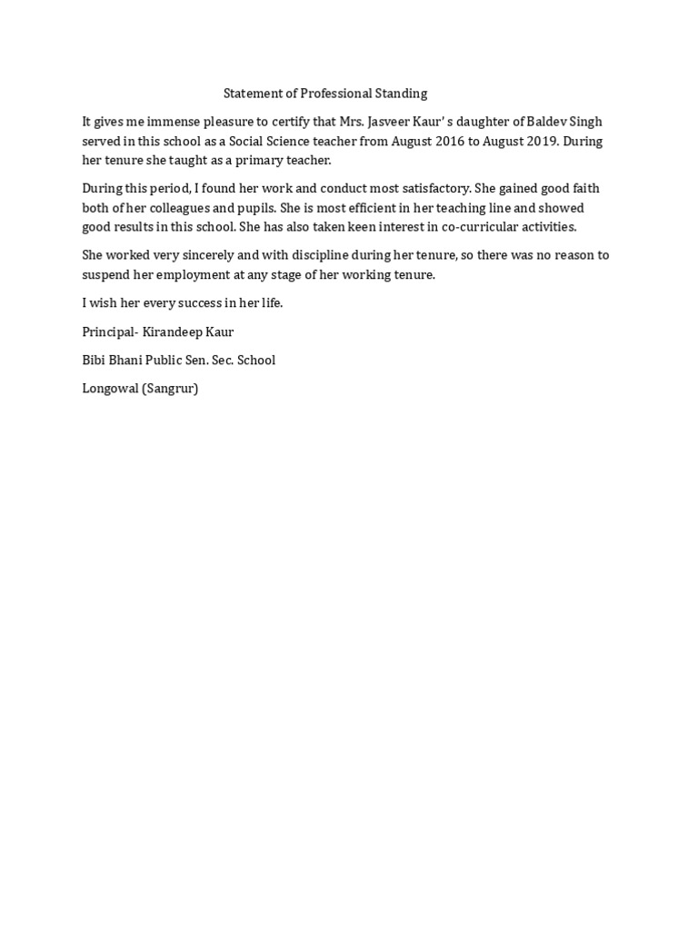 Statement of Professional Standing | PDF | Career & Growth | Self ...