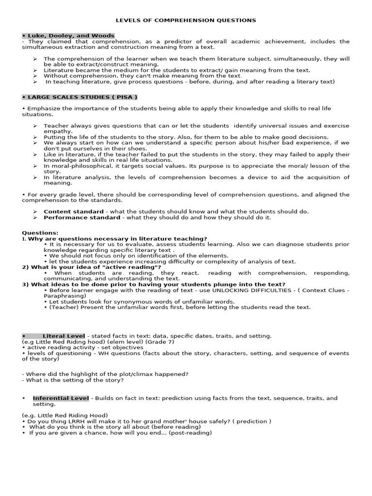 Levels | PDF | Reading Comprehension | Cognitive Psychology