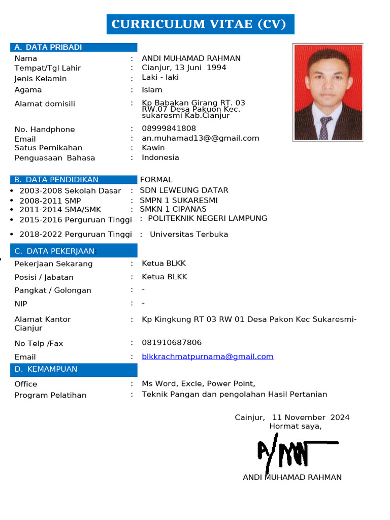 CV Andi Muhamad Rahman 2024 | PDF