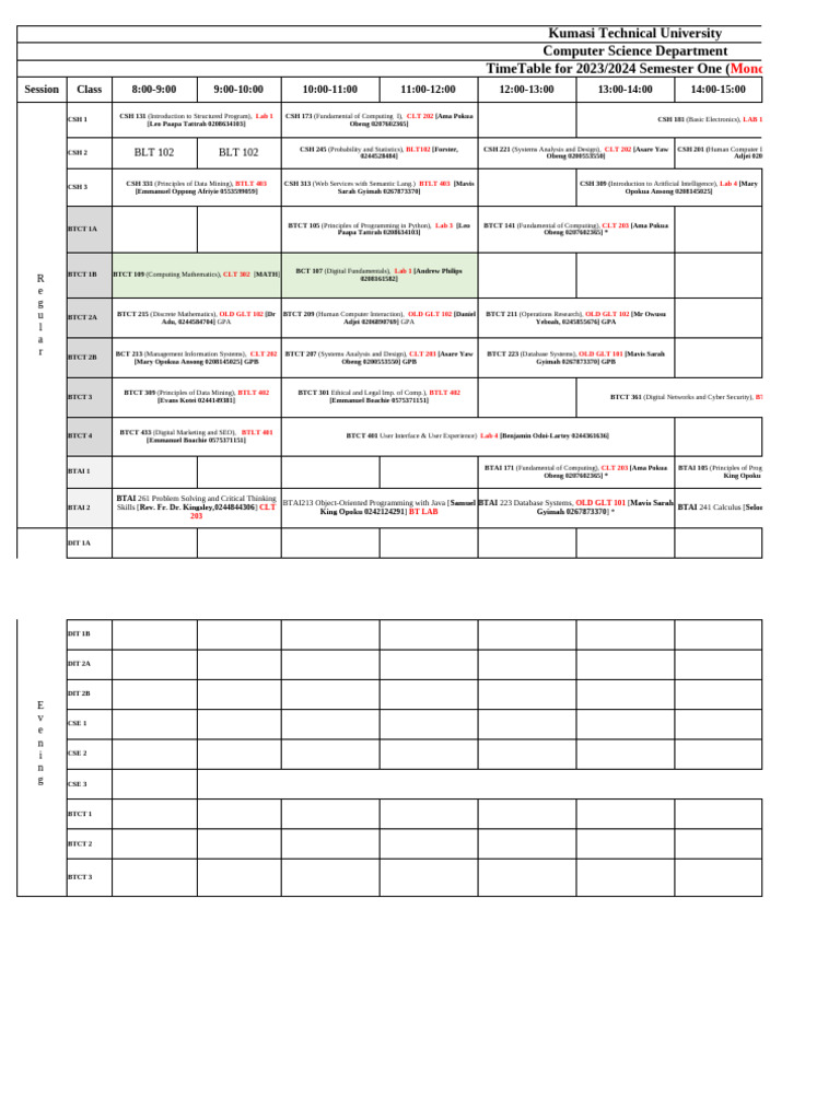 Computer Science 2023 - 24 - Sem 1 - Time Table FINAL With BCT1 GPS | PDF | Computing ...