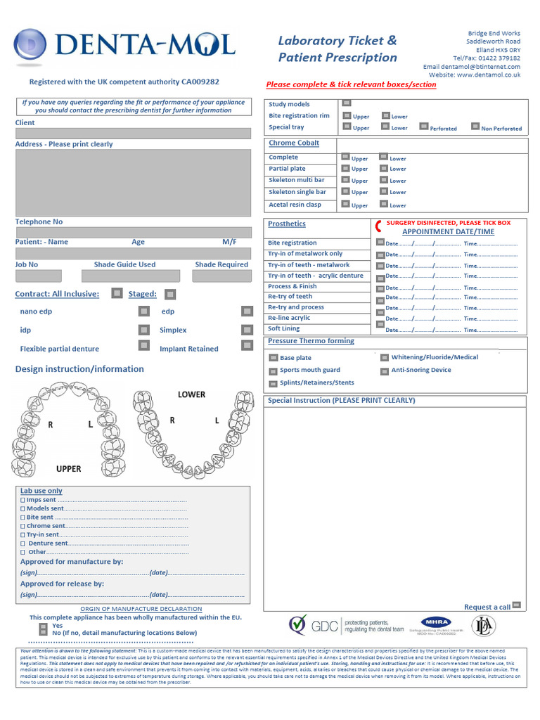 Denta-Mol Work Ticket 3 July 2017 PDF | PDF | Medical Device | Dentures