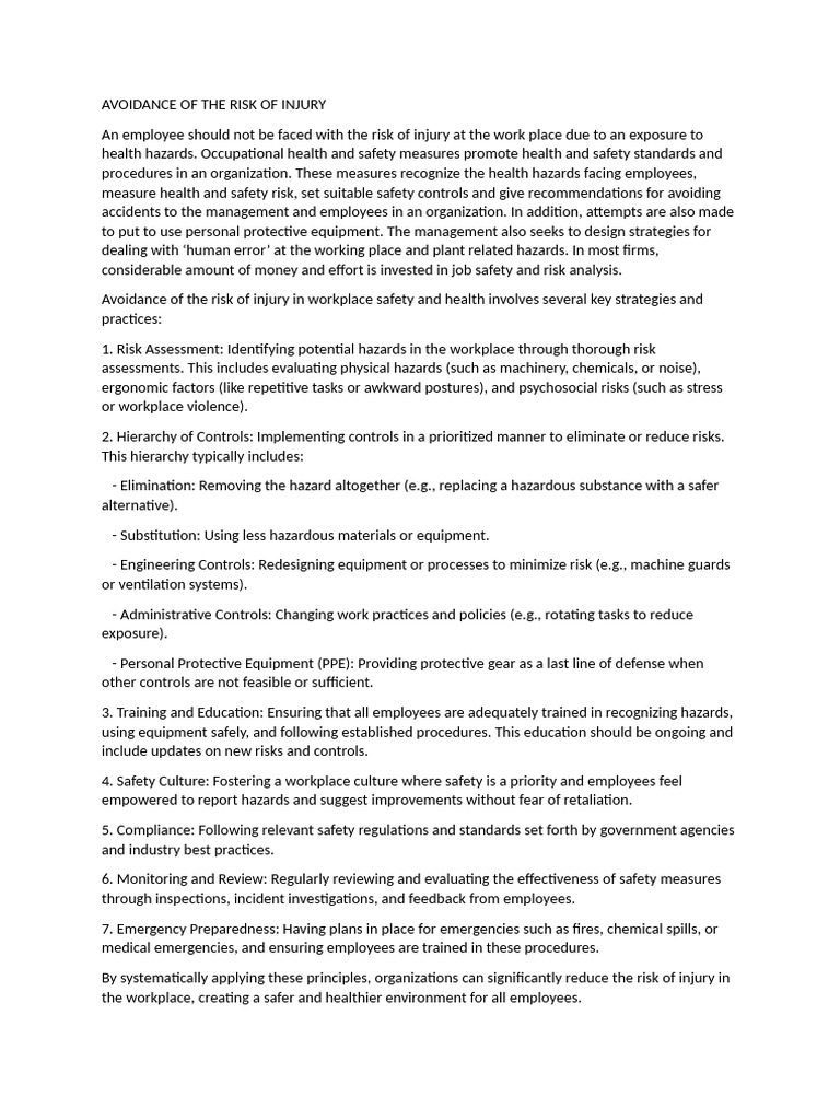 Avoidance of The Risk of Injury | PDF | Occupational Safety And Health ...