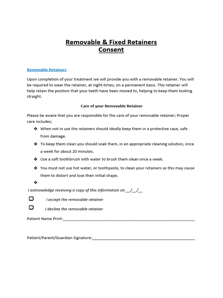 Removable & Fixed Retainers Consent | PDF | Mouth | Dentistry Branches