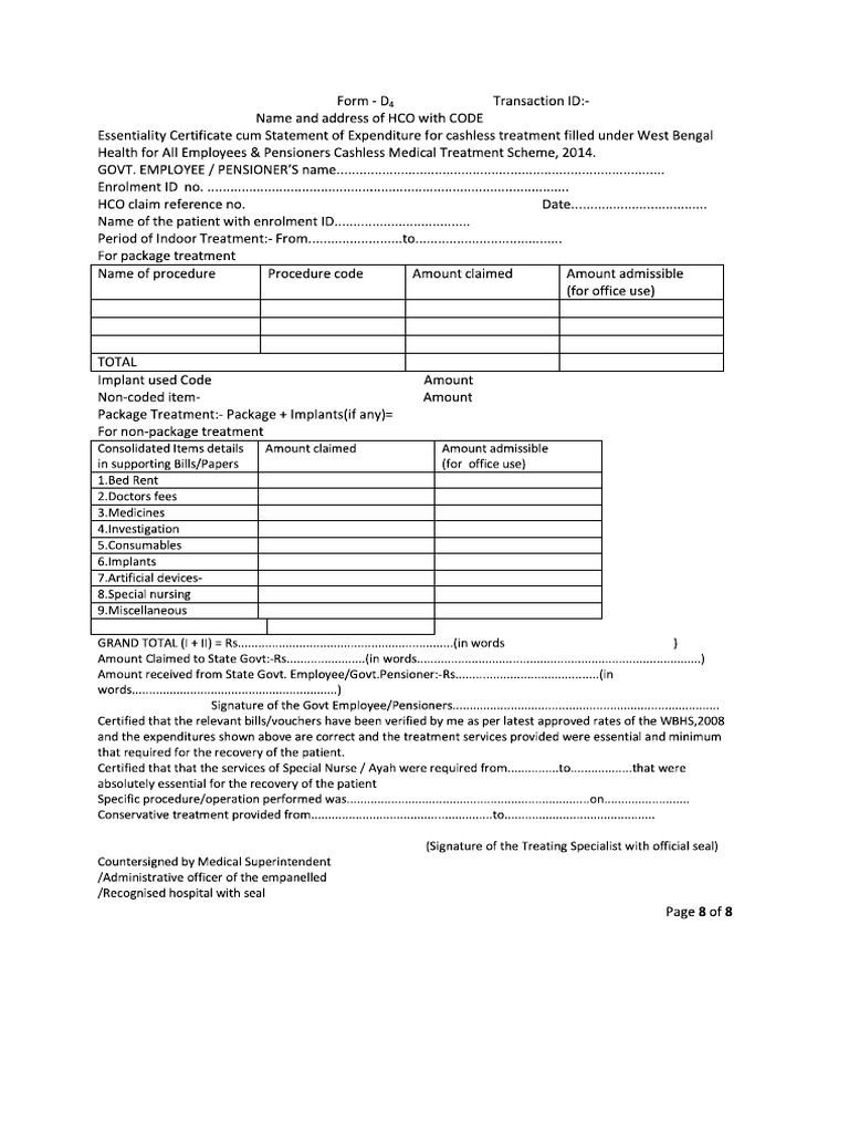 WB Health Scheme Form D4 | PDF