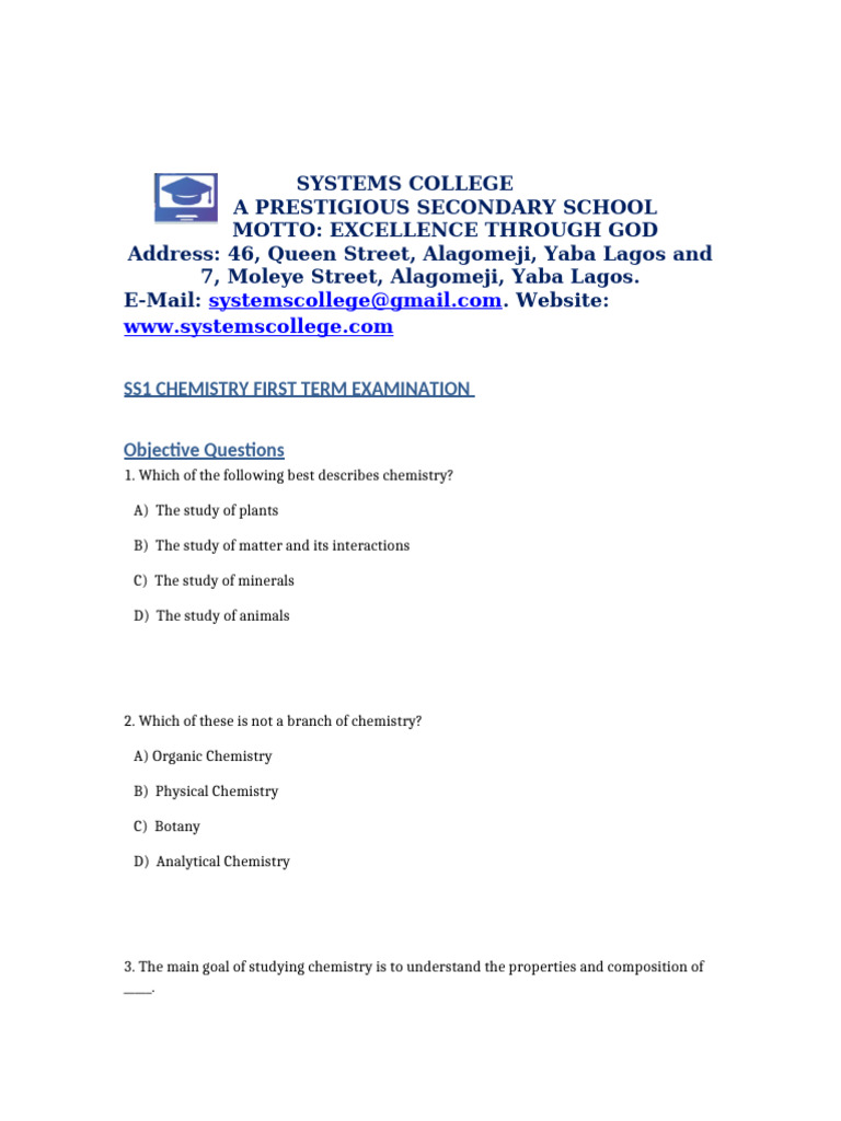 SS1 First Term Chemistry Exam Questions | PDF | Mixture | Gases