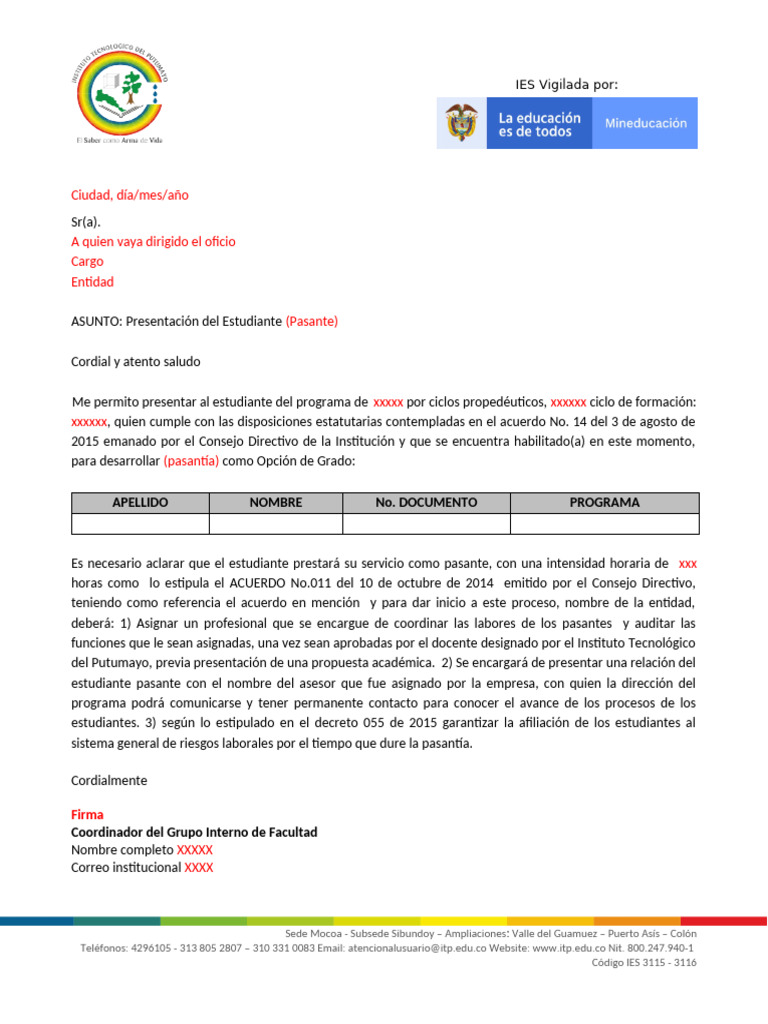 Oficio Presentacion Pasante Modalidad Grado | PDF