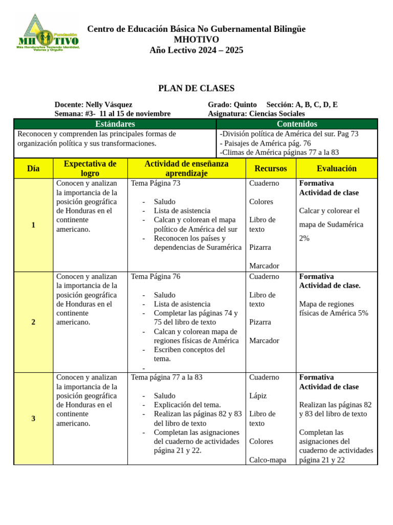 Plan de Clases Quinto Grado 2024-2025 | PDF | Educación primaria ...