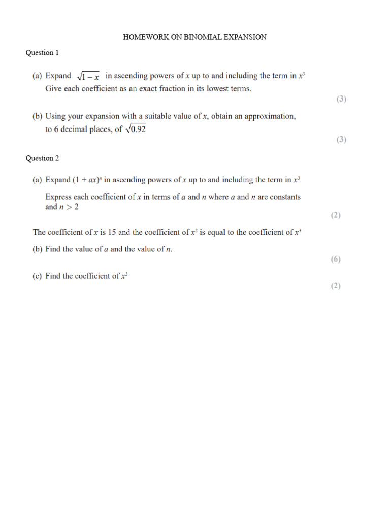 Homework On Binomial Expansion | PDF