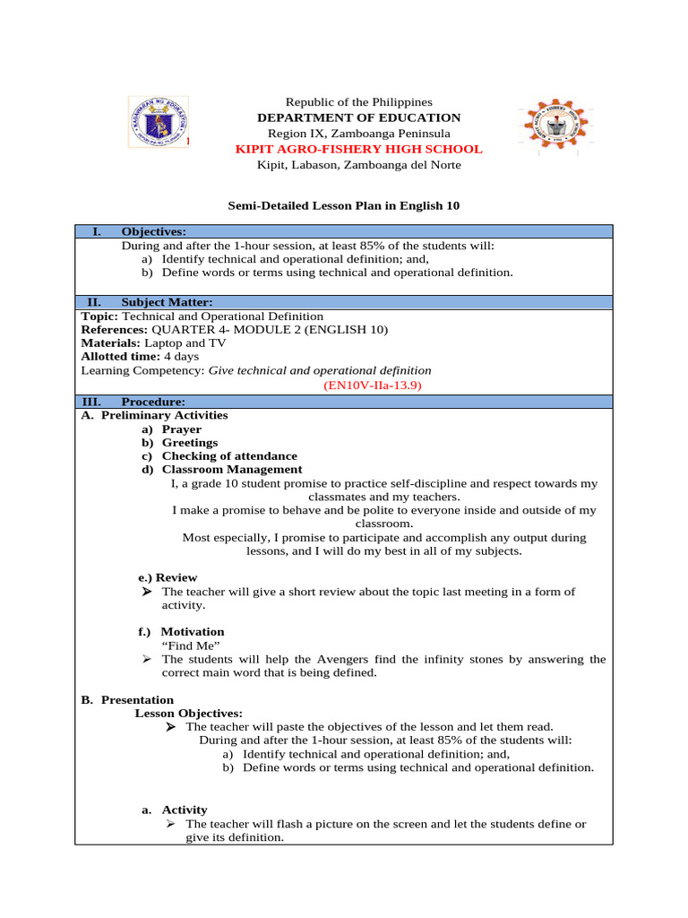English 10 Lesson Plan: Definitions | PDF | Information | Definition