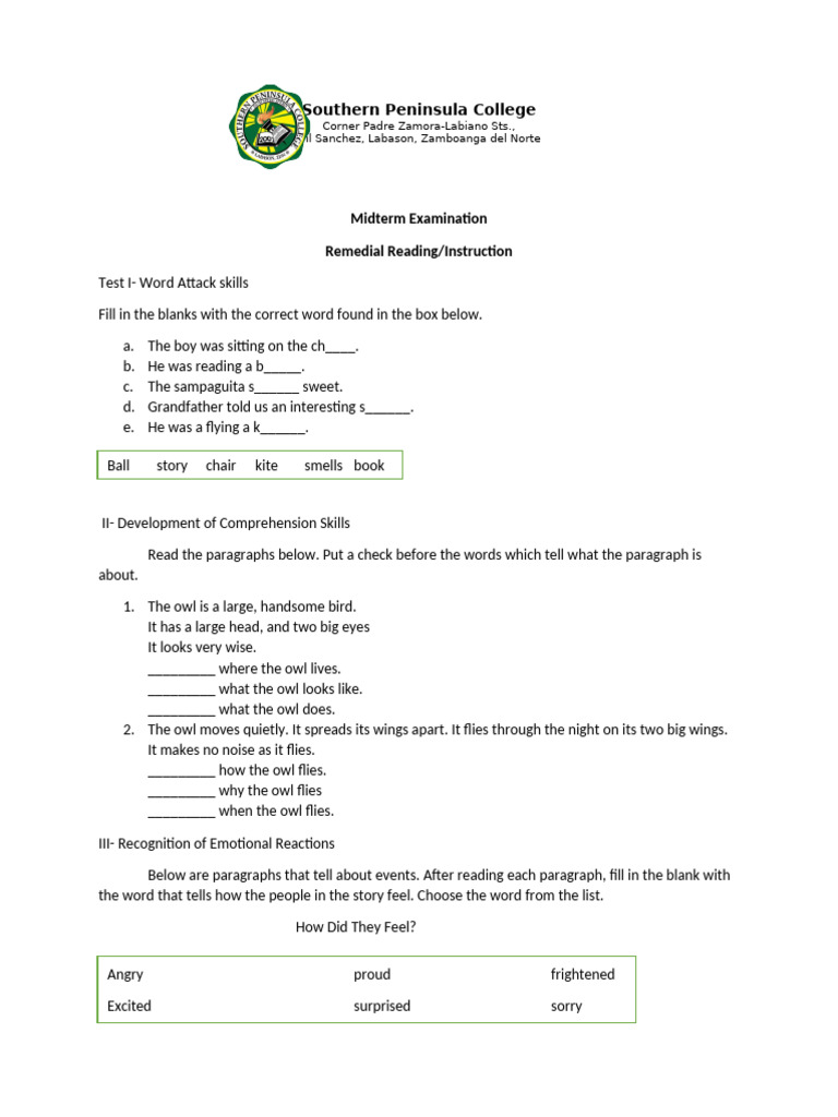 Midterm Exam Remedial Reading 013101 | PDF | Mosquito | Insects