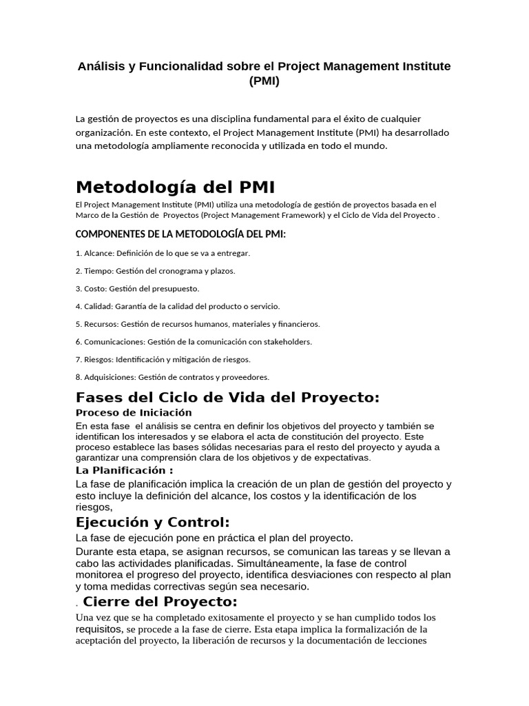 Análisis de la Metodología del PMI | PDF | Gestión de proyectos | Business