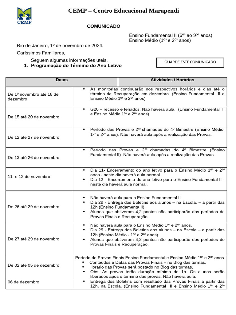 Circular Final de Ano 2024 Ensino Médio e Fundamental II | PDF