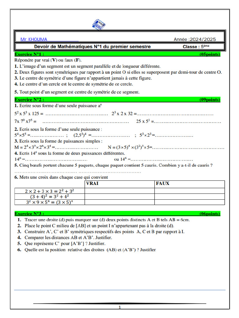 Devoir N°1 Maths Semestre 1 5eme 2019 2020 | PDF