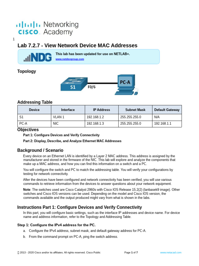 7.2.7 - Lab - View - Network - Device - MAC - Addresses - STU COMPLETED | PDF | Computer Network ...