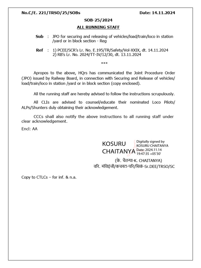 SOB 25 2024 JPO For Securing and Releasing of Vehicles in Station or ...