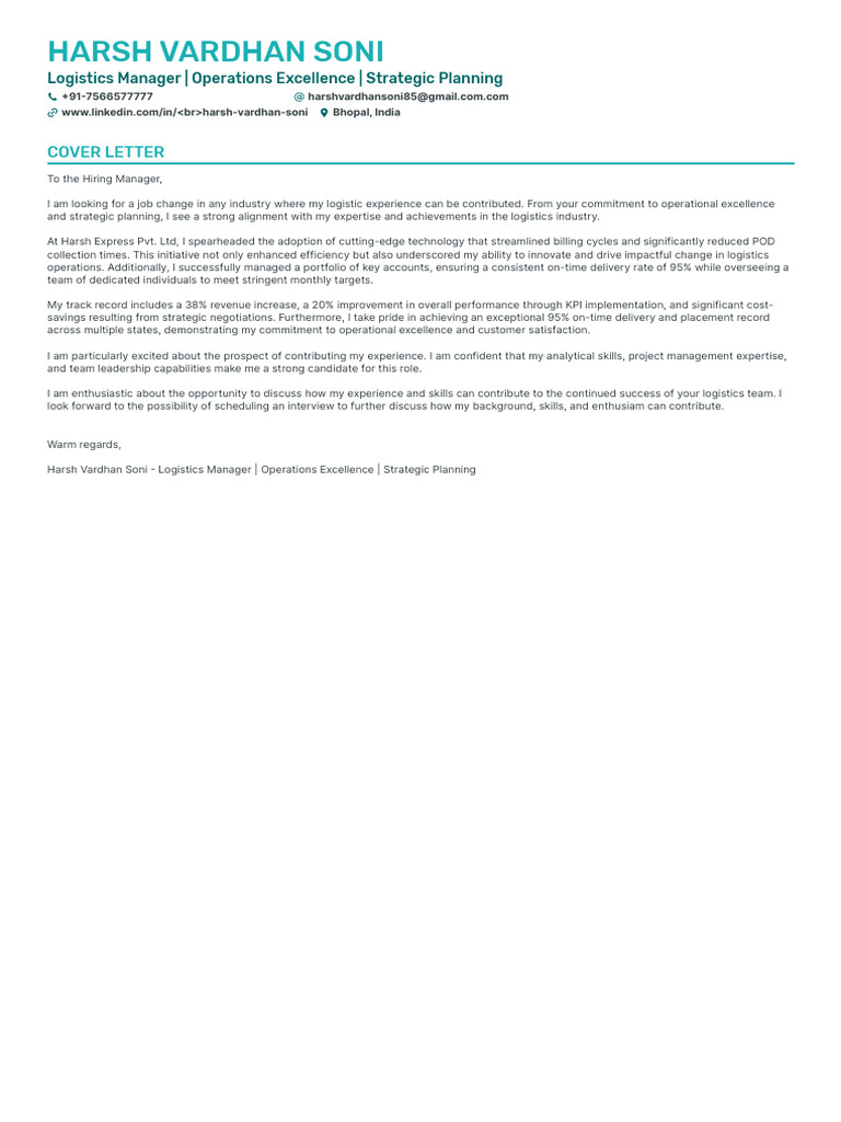Harsh Vardhan Soni Cover Letter | PDF | Business | Finance & Money Management
