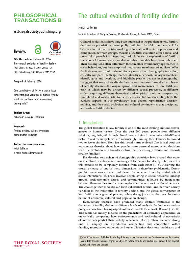 Colleran 2016 The Cultural Evolution of Fertility Decline | PDF ...
