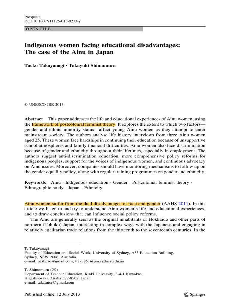 Indigenous Women Facing Educational Disadvantages: The Case of The Ainu ...