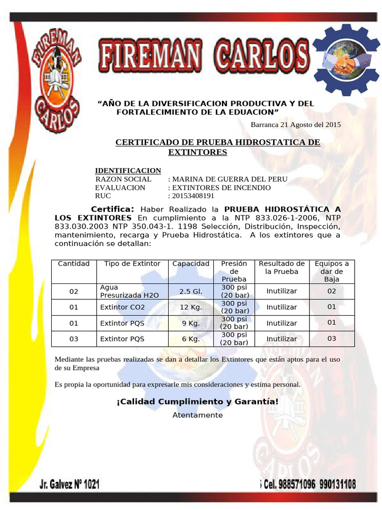 Certificado de Prueba Hidrostatica de Extintores: Carlos Alberto Aquino ...