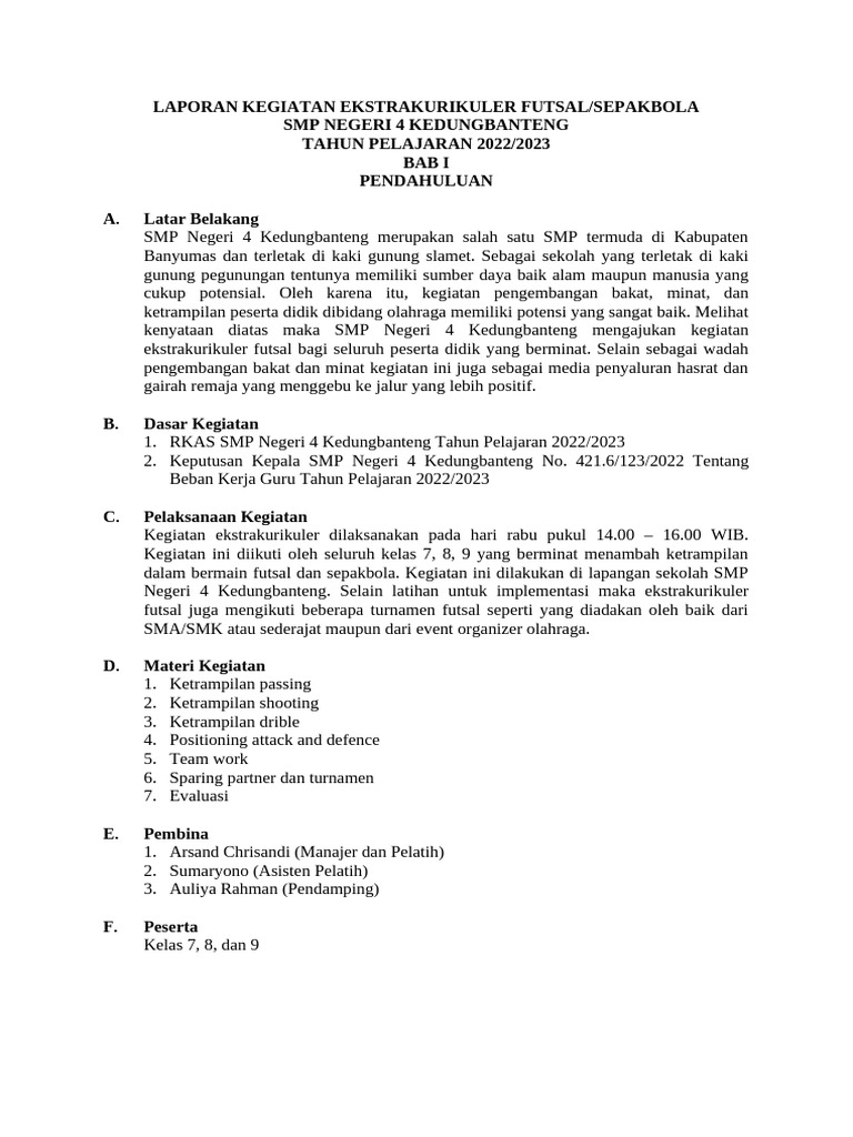 Laporan Kegiatan Ekstrakurikuler Futsal | PDF