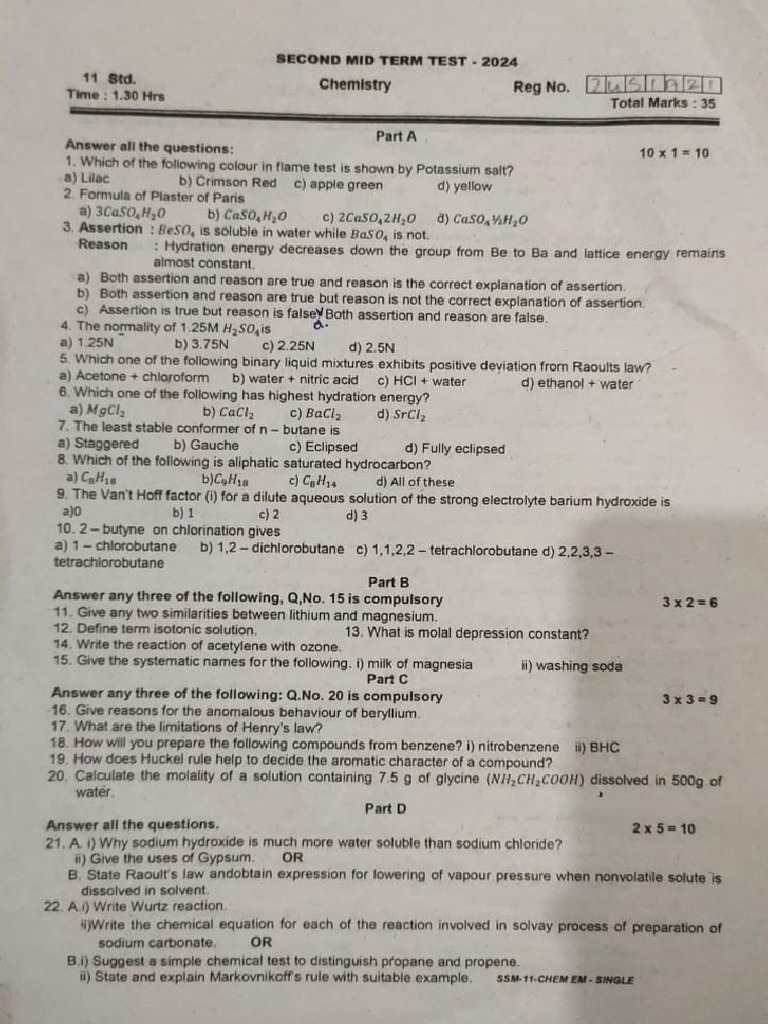 11th Chemistry 2nd Mid Term Exam 2024 Original Question Paper Madurai ...