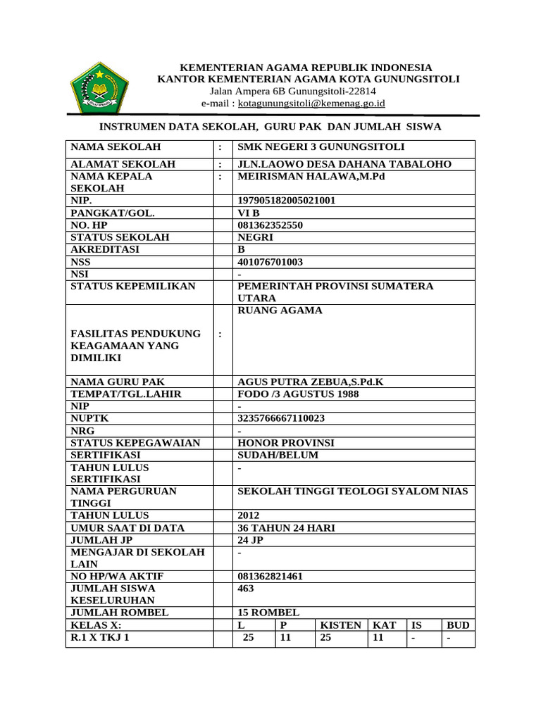 Instrumen Data Sekolah Guru Pak Dan Jumlah Siswa-1 | PDF