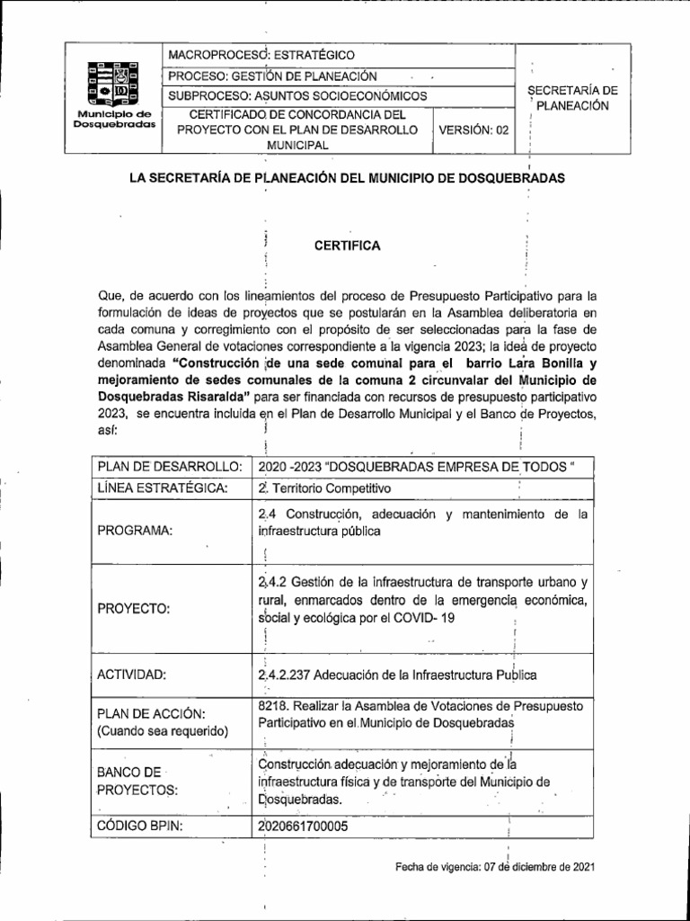 Certificado Plan de Desarrollo Comuna 2 | PDF