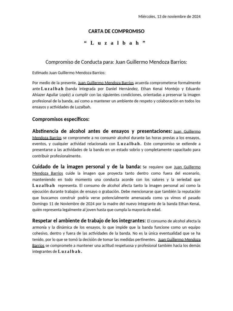 Carta de Compromiso Luzlbah | PDF