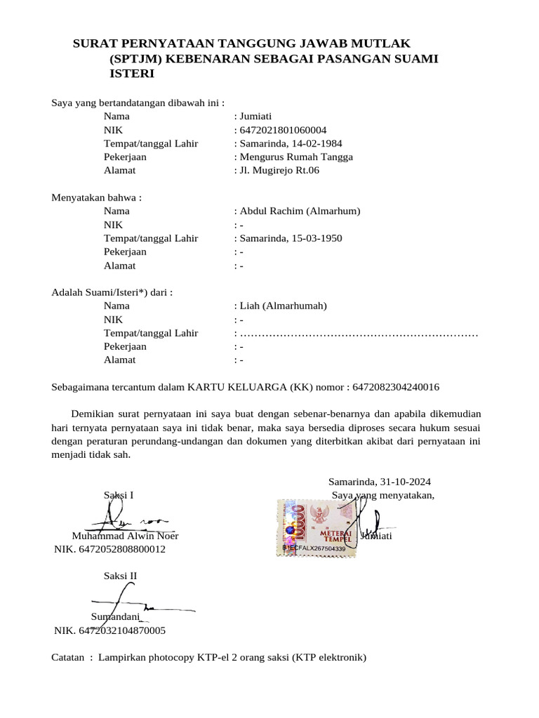 SPTJM Kebenaran Sebagai Pasangan Suami Istri | PDF