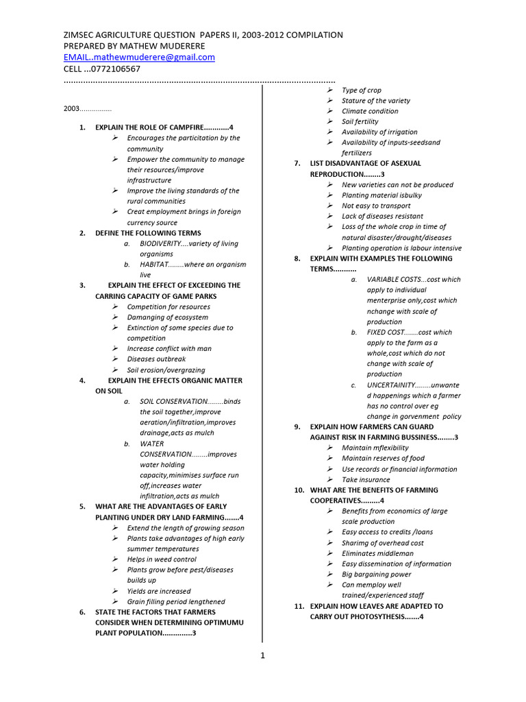 ZIMSEC Agriculture Exam Papers 2003-2012 | PDF | Soil | Agriculture